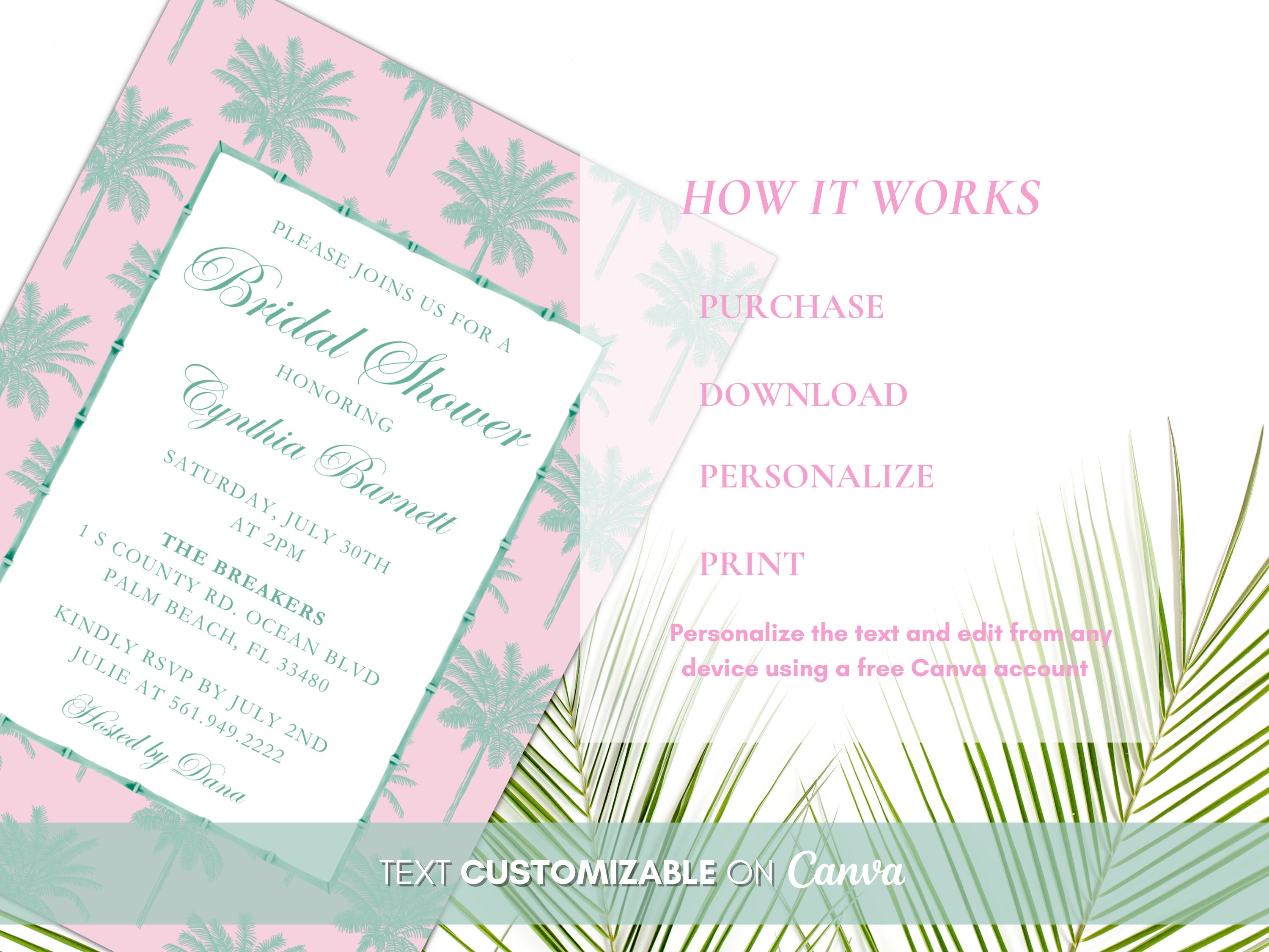 Miami Invitation Pink Palm Bridal Bamboo Beach Pink Palm Printable ...