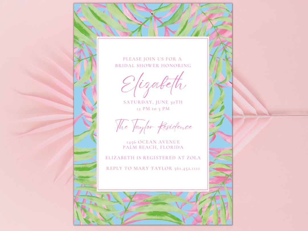 Preppy Coastal Invitation Pink Green Blue Tropical Palm Leaves ...