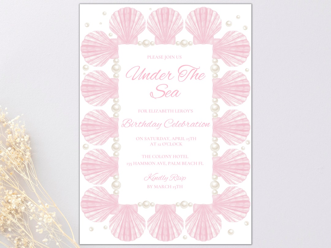 Pink Beach Invitation Seashells Birthday Invitation Shell and Pearls ...