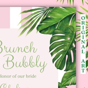 Tropical Striped Pink Bridal Palm Leaves Printable Invitation | Palm ...