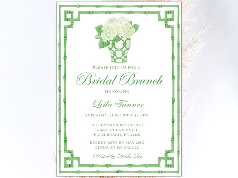 Green Ginger Jar Chinoiserie Bamboo Border White Hydrangea Invitation ...