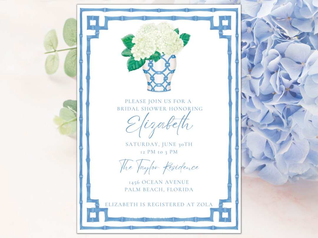 Grandmillennial Blue Ginger Jar and Bamboo Border With White Hydrangea ...