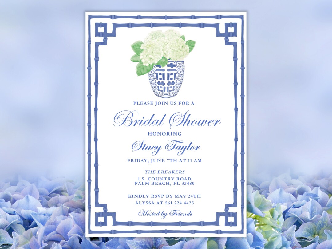 Grandmillennial Blue Ginger Jar and Navy Bamboo Border With White ...