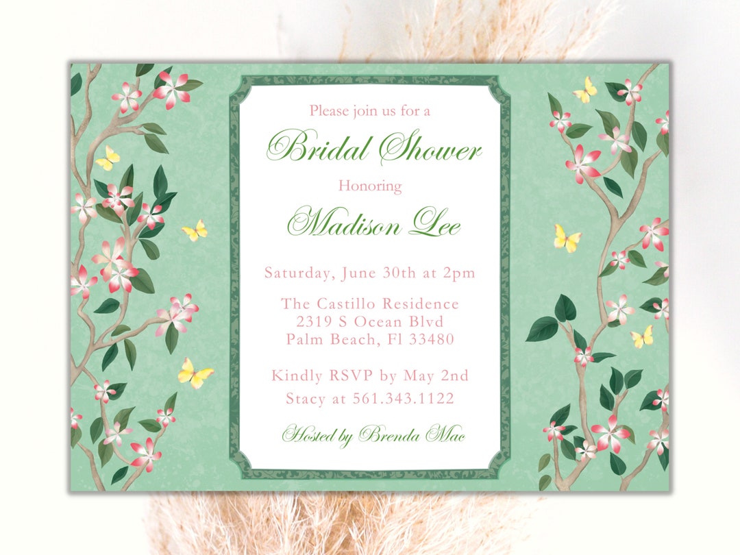 Toile Invitation Chinoiserie Green Floral Bridal Garden Sage Invitation ...