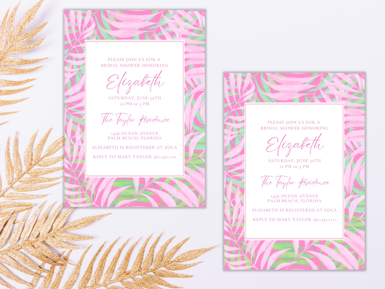 Preppy Pink and Green Tropical Palm Leaves Printable Invitation, Bridal ...