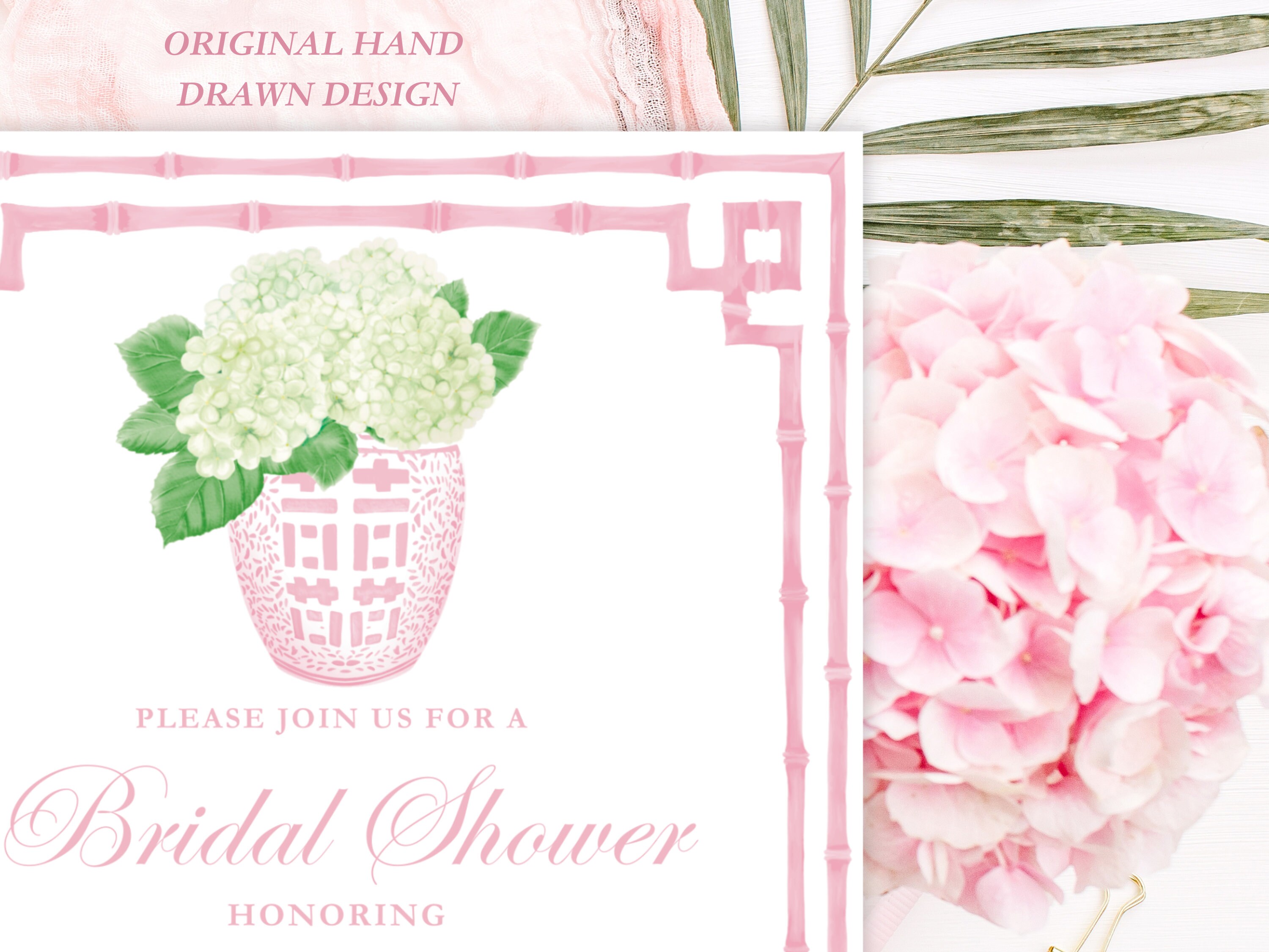 Ginger Jar Pink Bamboo Invitation Elegant Party Invite Floral Printable ...