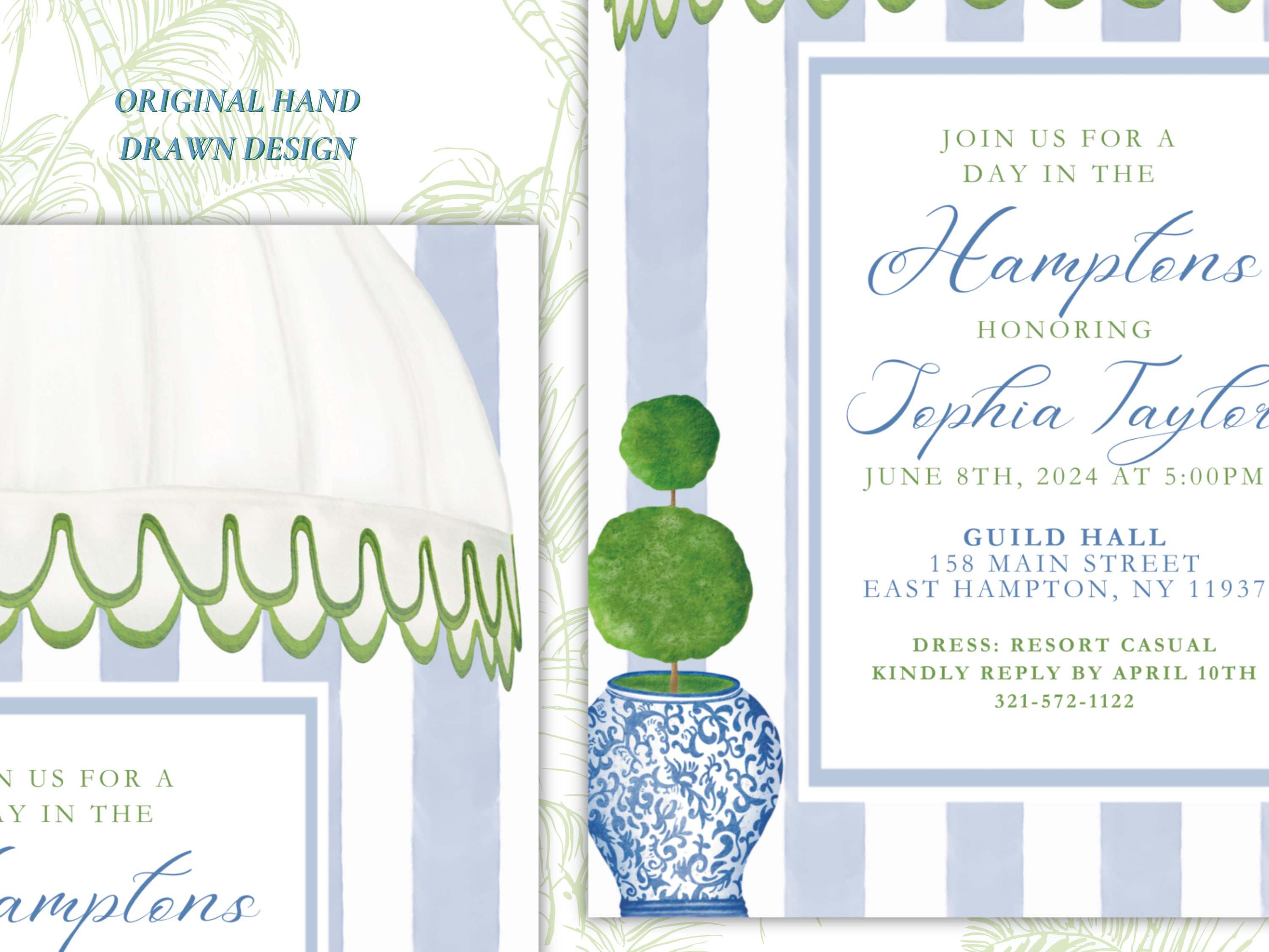 Grandmillenial Blue Hamptons Inspired Topiary Invitation, Blue White ...