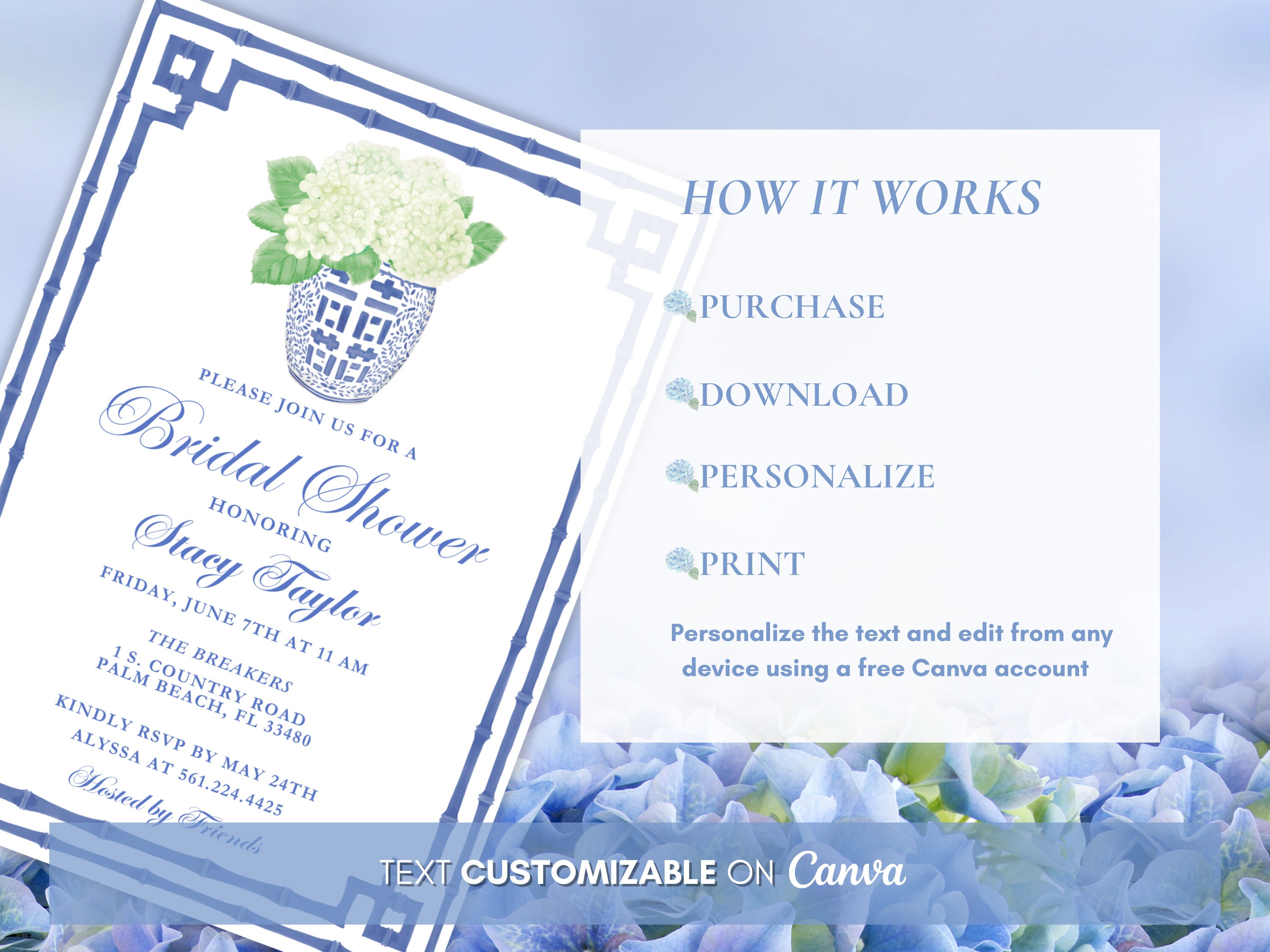 Grandmillennial Blue Ginger Jar and Navy Bamboo Border With White ...