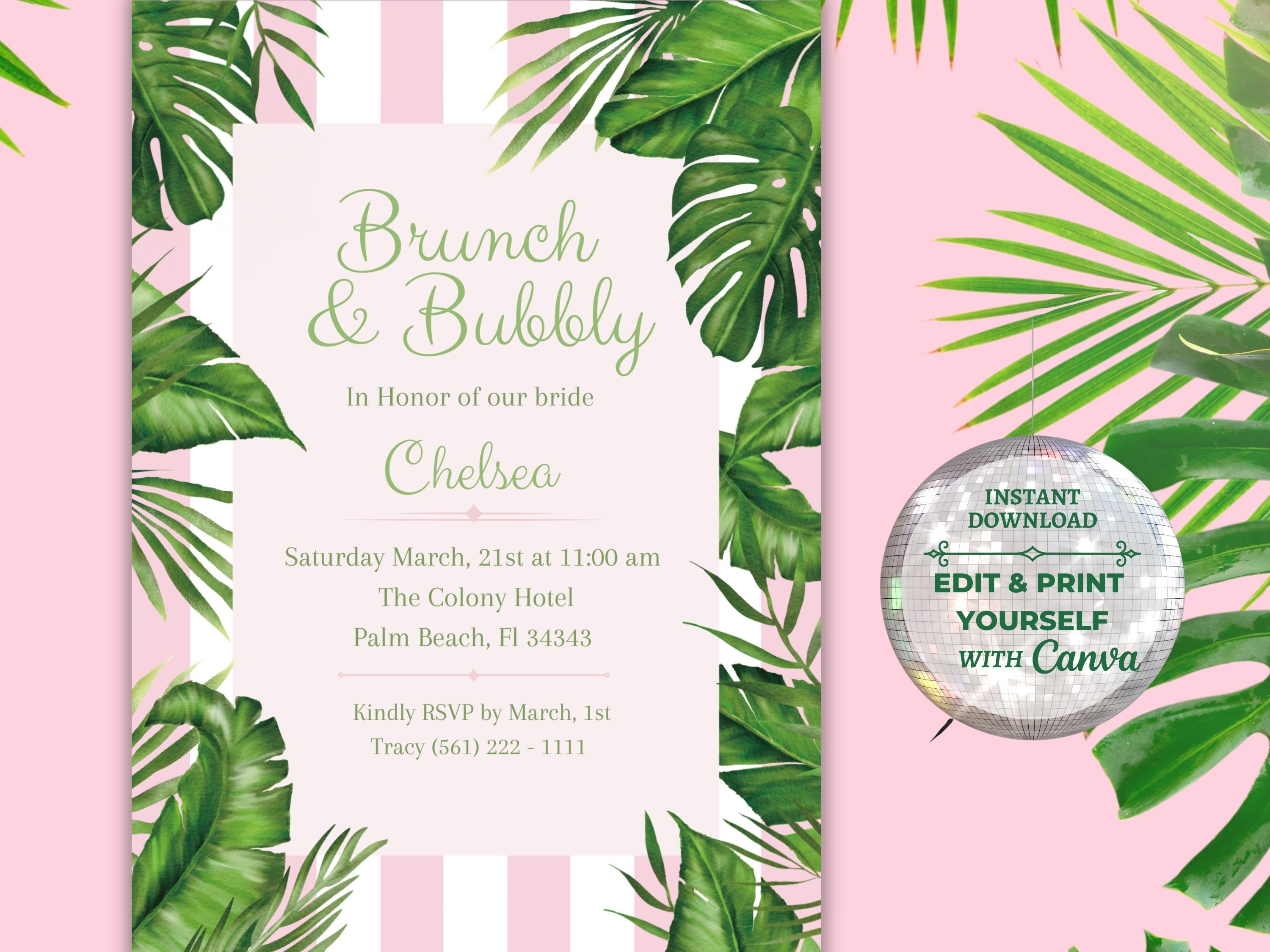 Tropical Striped Pink Bridal Palm Leaves Printable Invitation | Palm ...