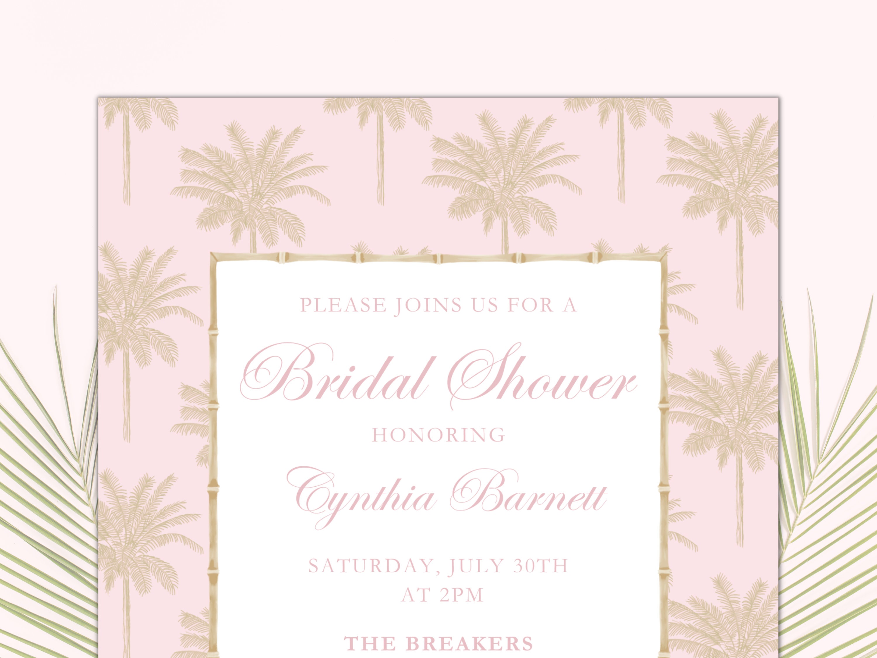 Palm Tree Bridal Invitation Pink Bamboo Palm Beach Bridal Beach ...