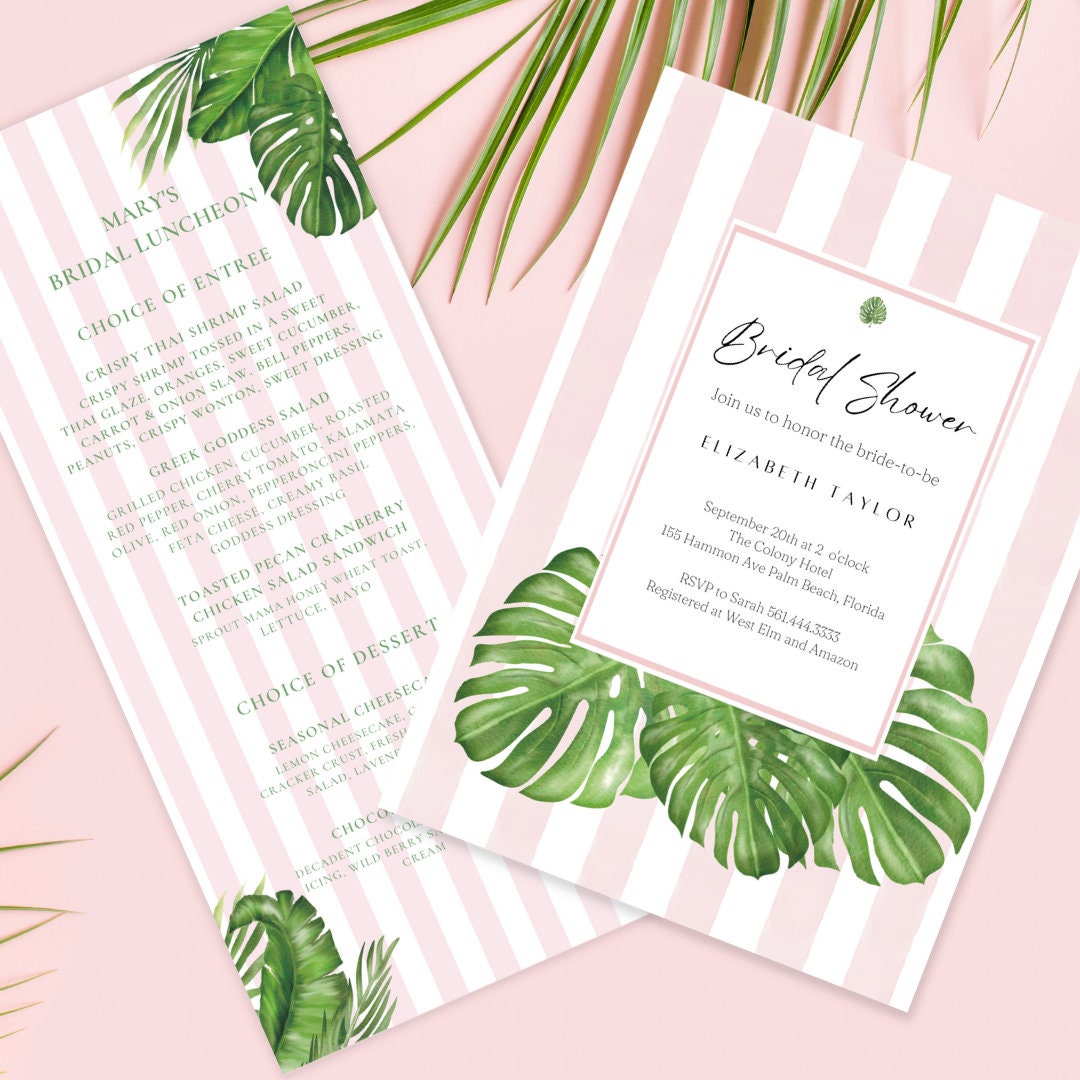 Tropical Striped Pink Bridal Palm Leaves Printable Invitation | Palm ...
