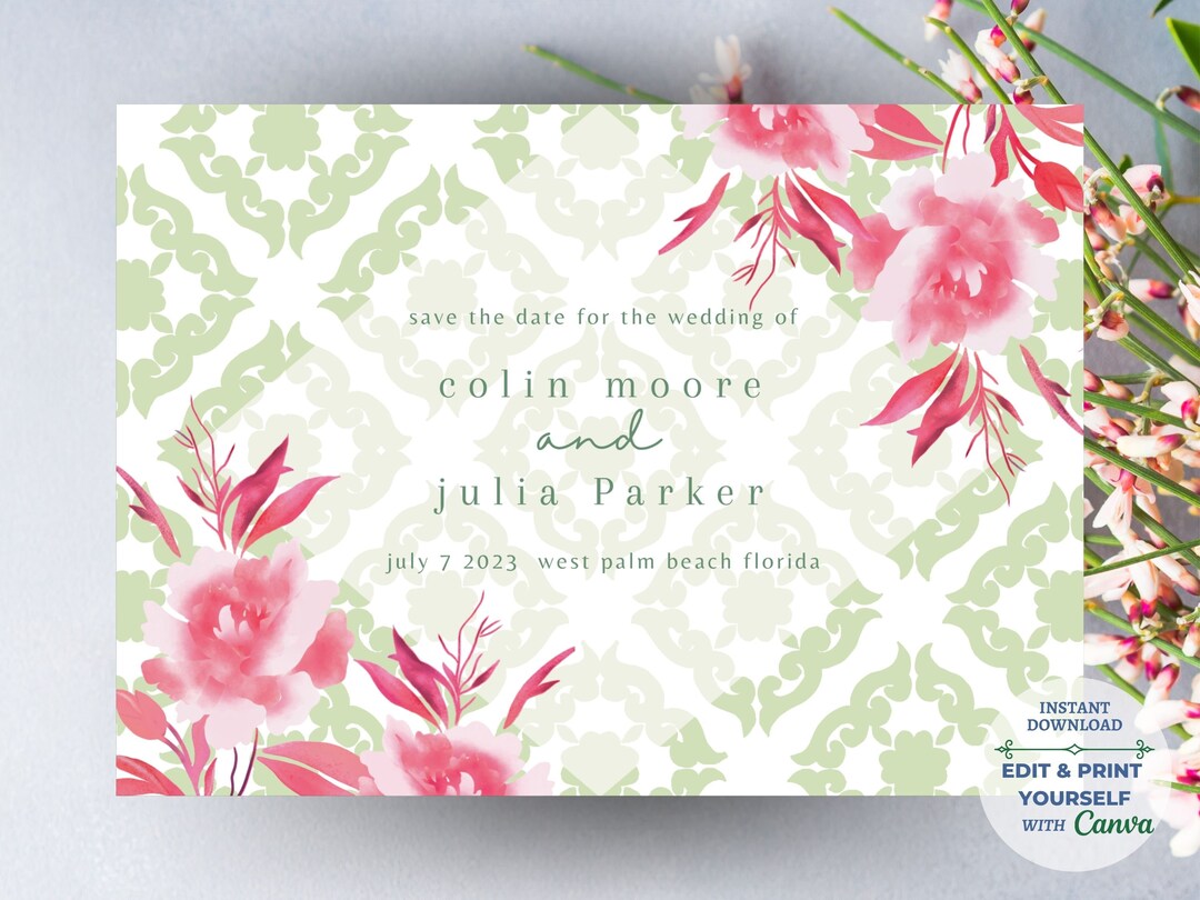 7" X 5" Pink and Light Green | Printable Save the Date Template ...