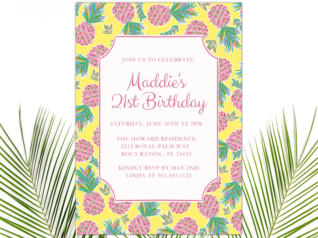 Preppy Pineapple Invitation | Yellow Tropical Birthday Invitation ...