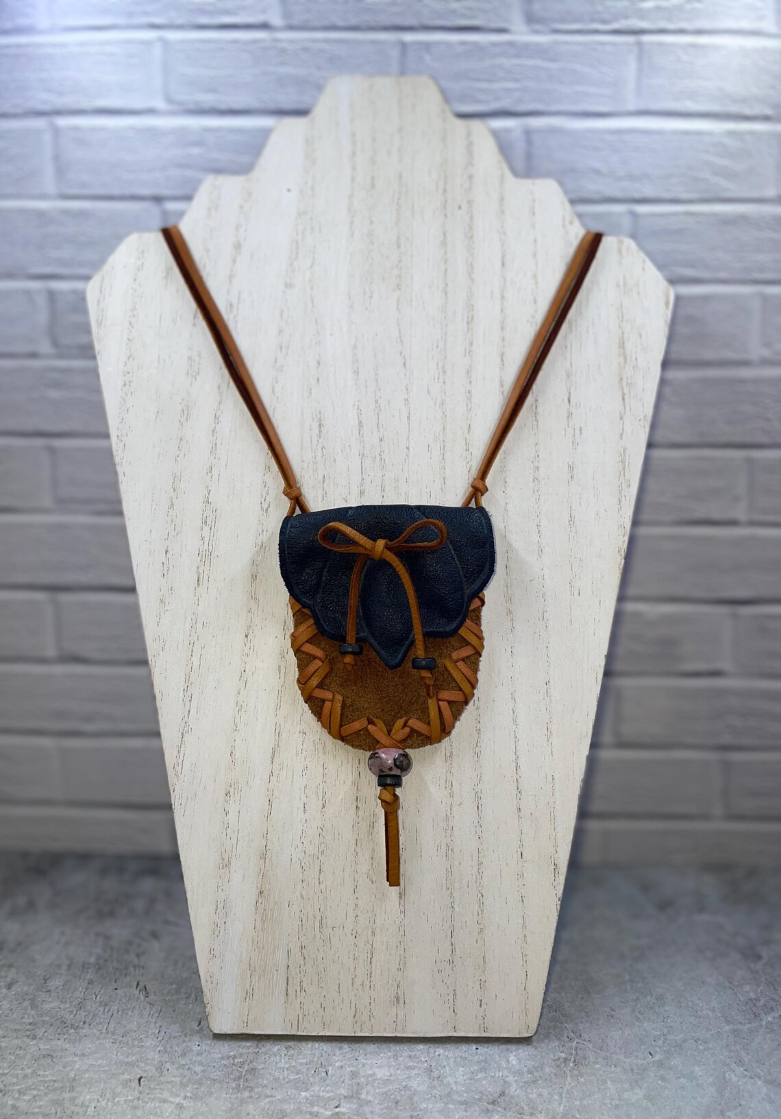 Leather Medicine Pouch Necklace With Rhodochrosite Stone | Crystal ...