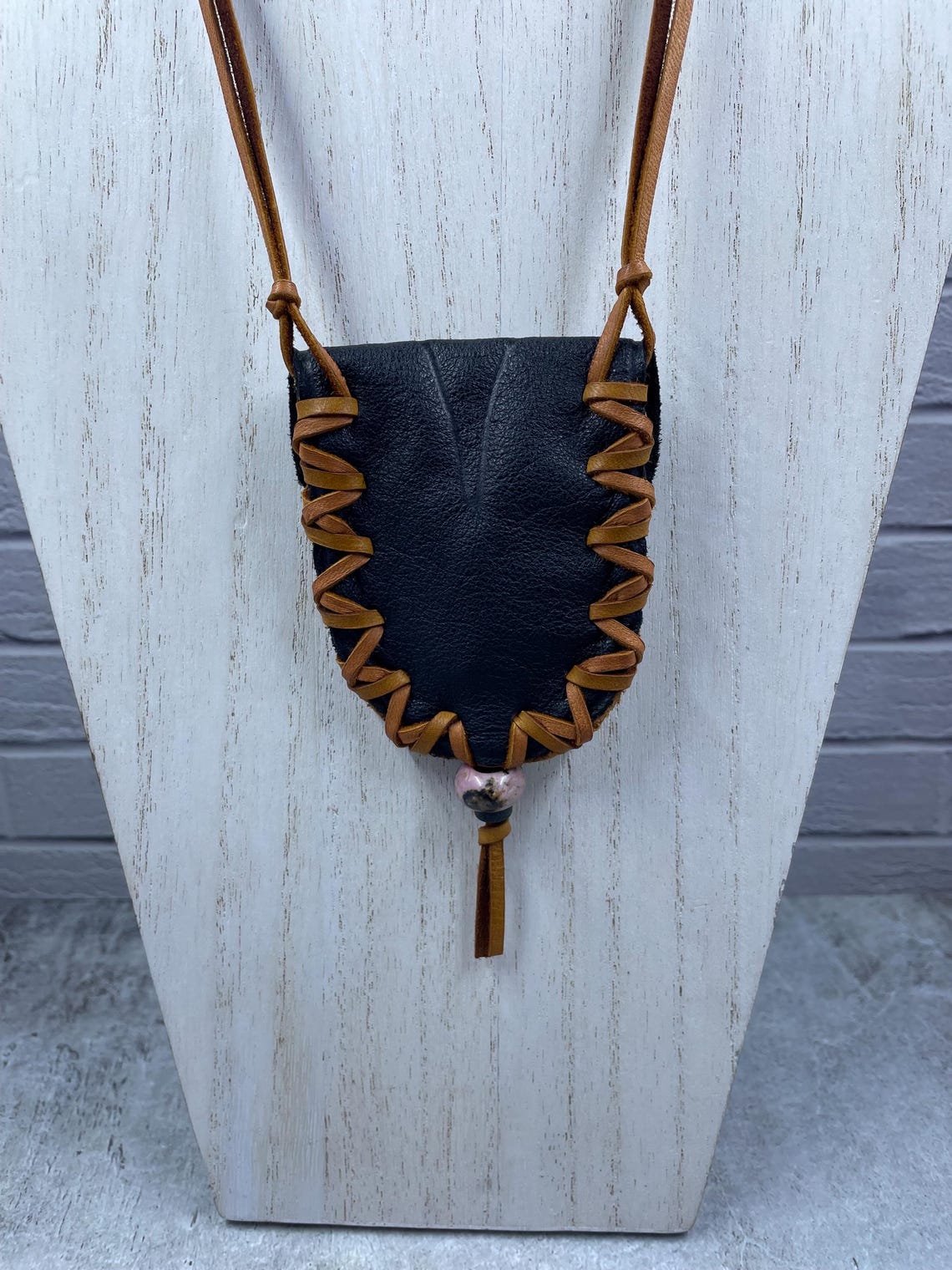 Leather Medicine Pouch Necklace With Rhodochrosite Stone | Crystal ...