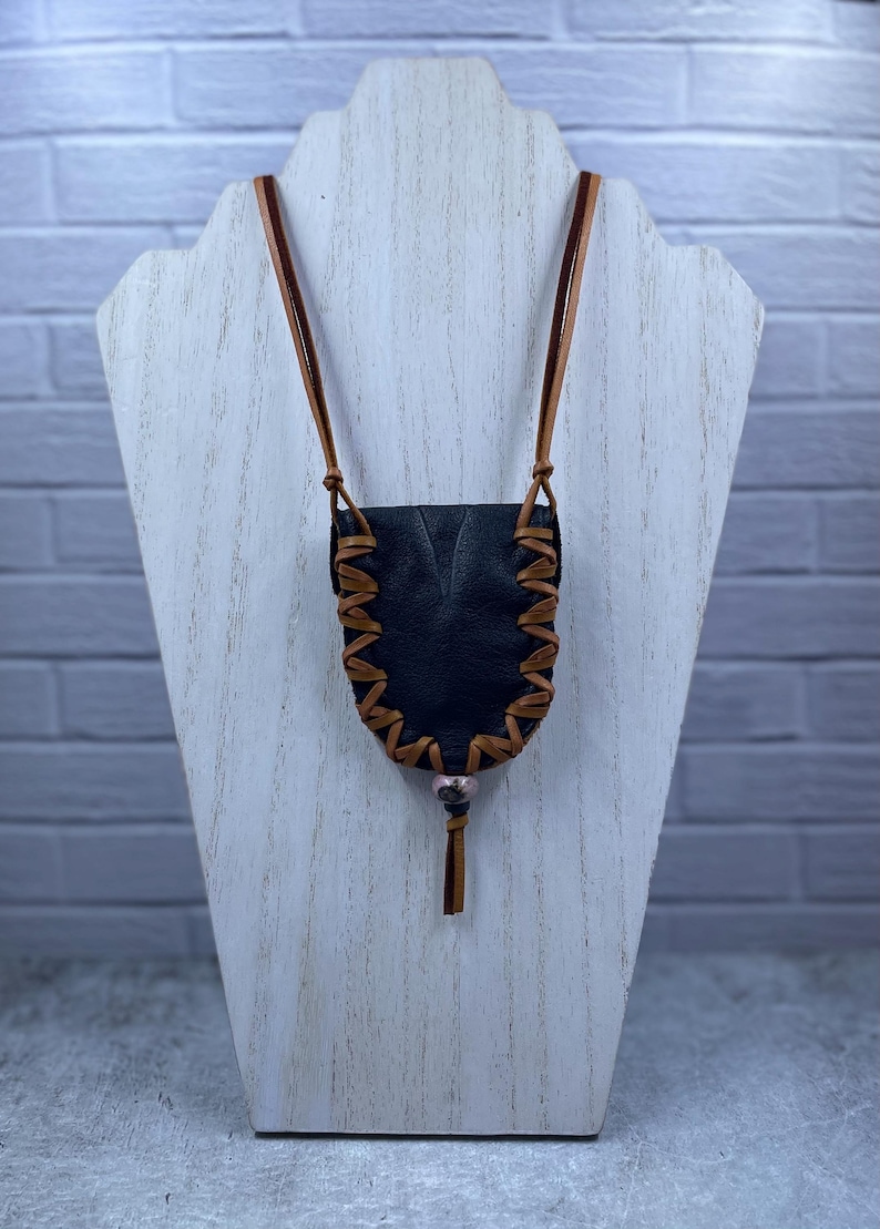 Leather Medicine Pouch Necklace With Rhodochrosite Stone | Crystal ...