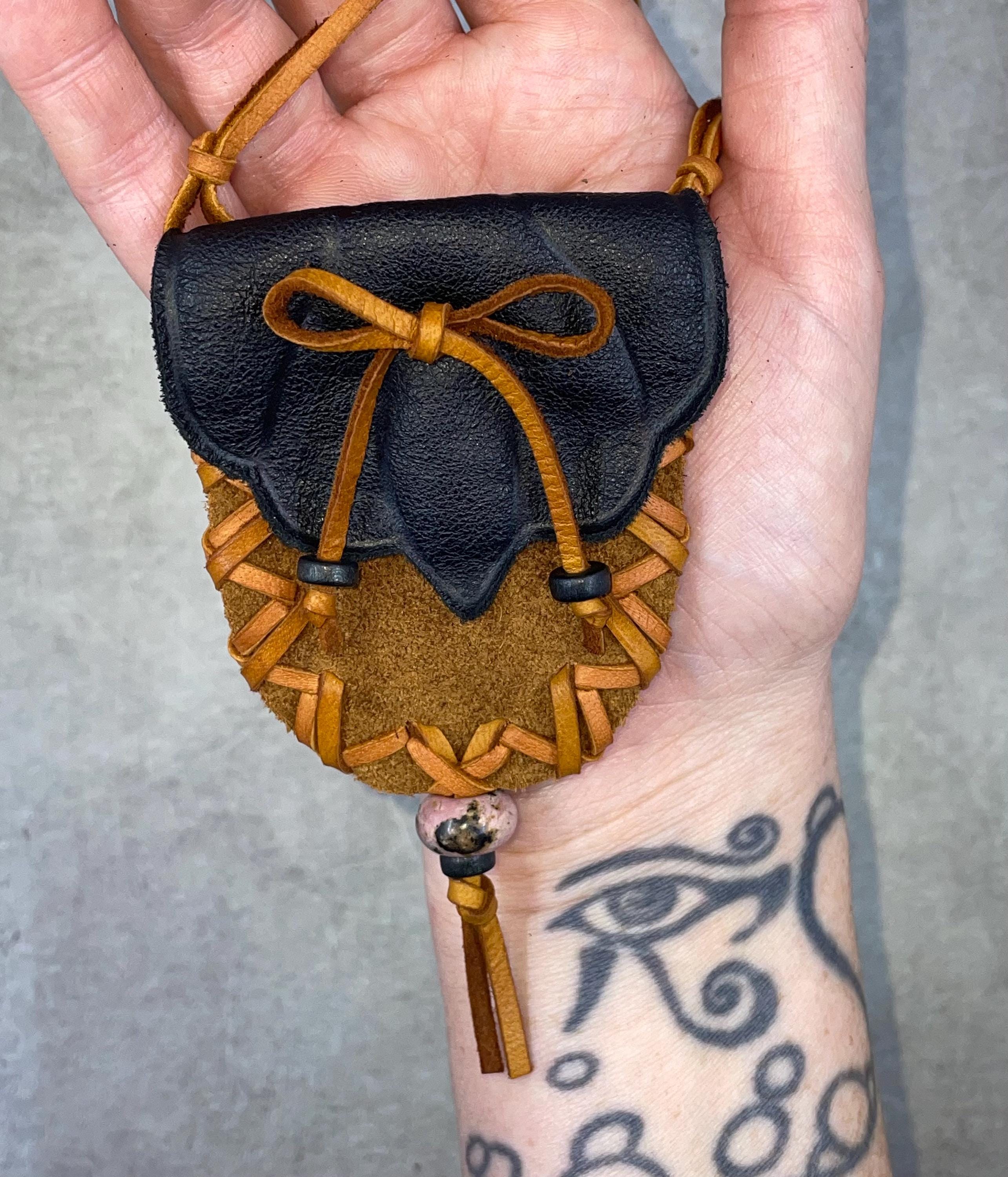 Leather Medicine Pouch Necklace With Rhodochrosite Stone | Crystal ...