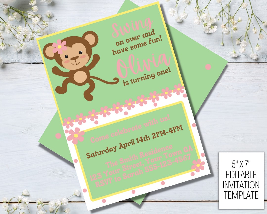 Editable Monkey Birthday Invitation: Jungle Party, 5x7 Canva Template ...