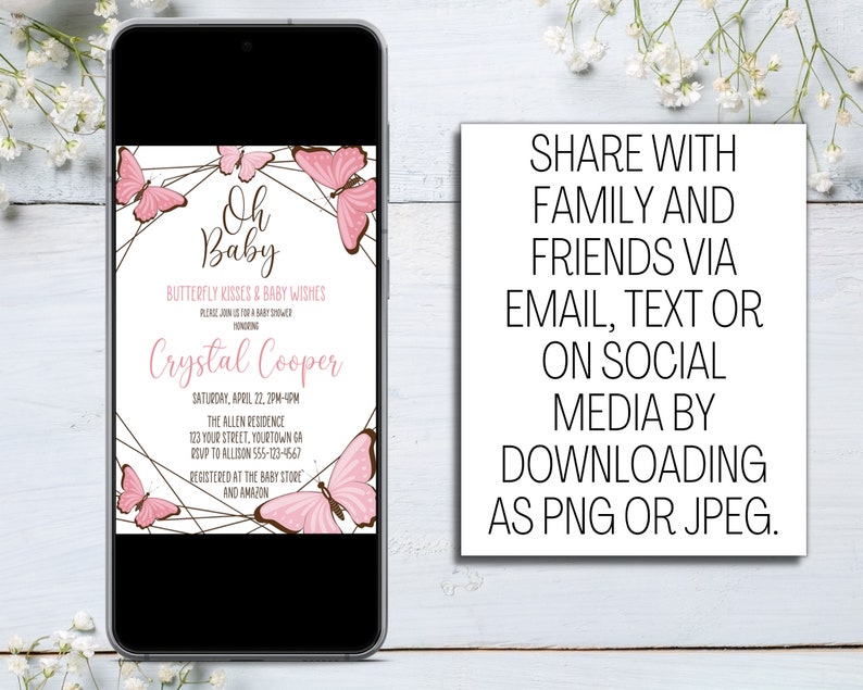 Editable Pink Butterfly Kisses and Baby Wishes Baby Shower Invitation ... Editable Pink Butterfly Kisses and Baby Wishes Baby Shower Invitation ...