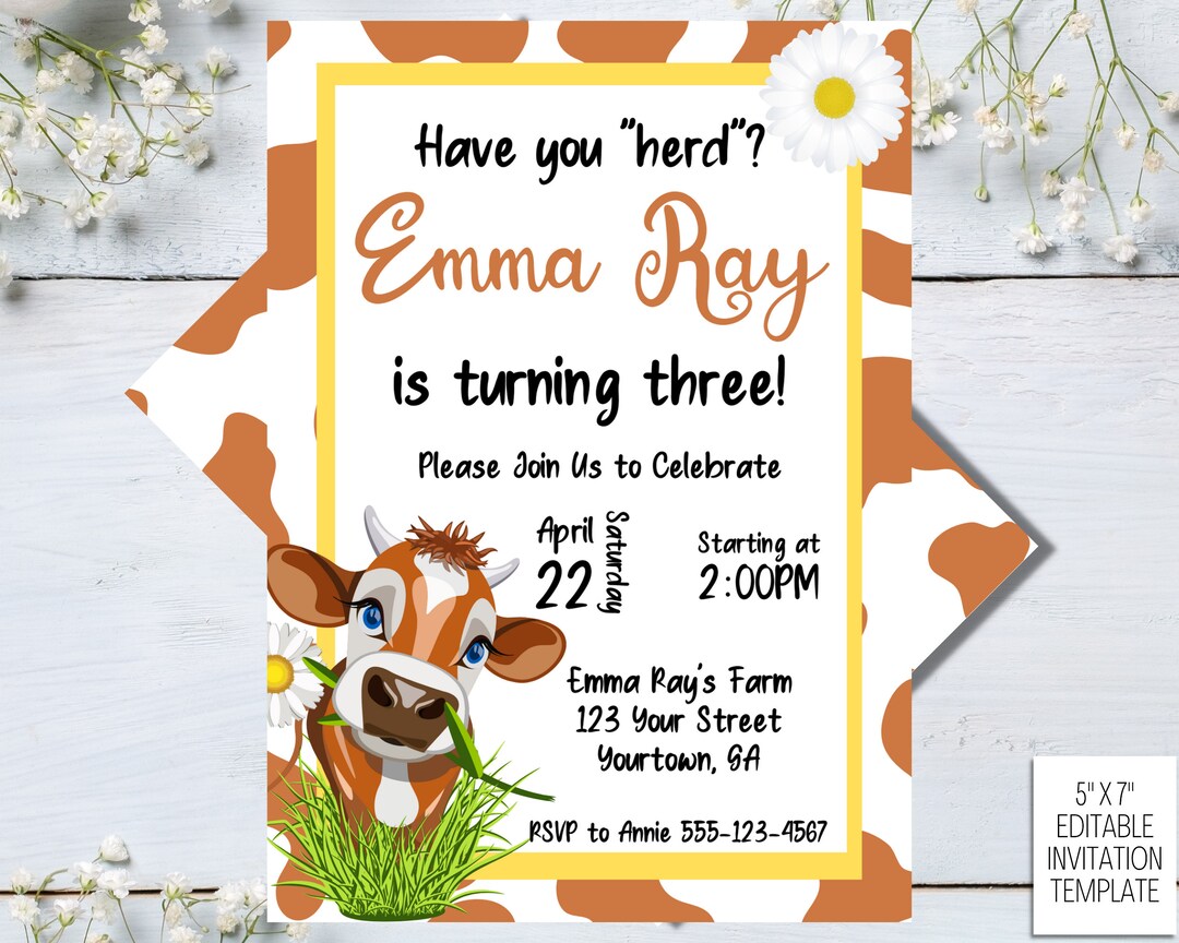 Girls Cow Birthday Invitation, Cow Party Invitation, Cow Party Invite ...