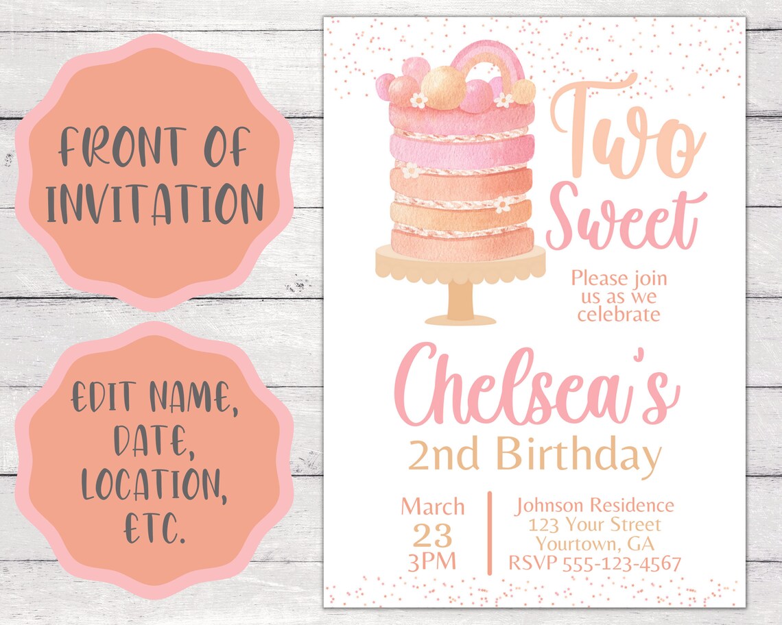 EDITABLE Two Sweet Birthday Invitation 2nd Birthday - Etsy