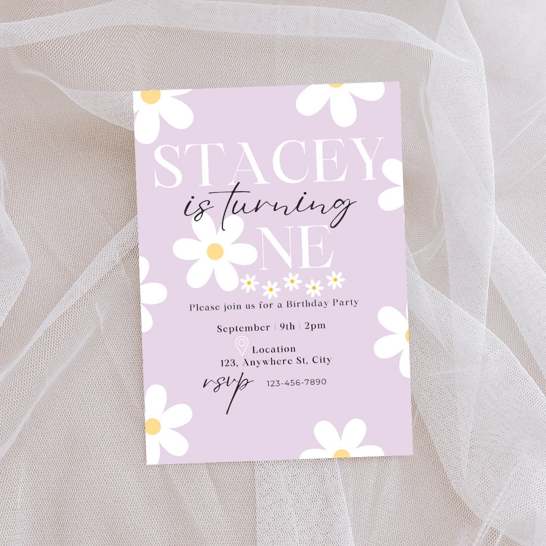 One Year Birthday Invitation Template Purple Daisy - Etsy