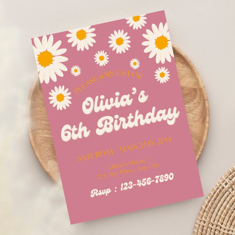 Retro Daisy Birthday Party Invitation Template Printable and ...