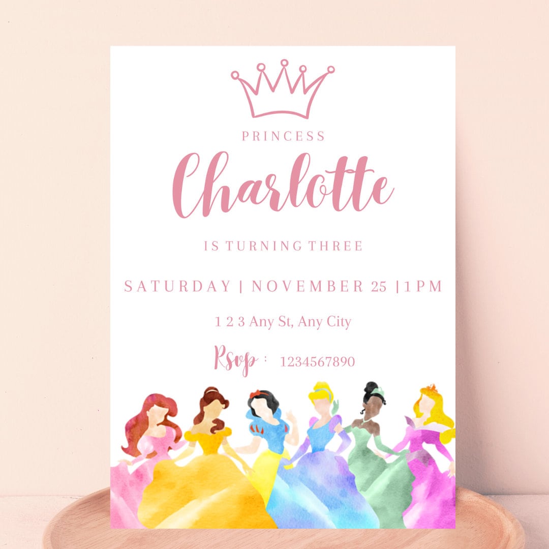 Princess Themed Birthday Invitation Template With Watercolour Printable ...