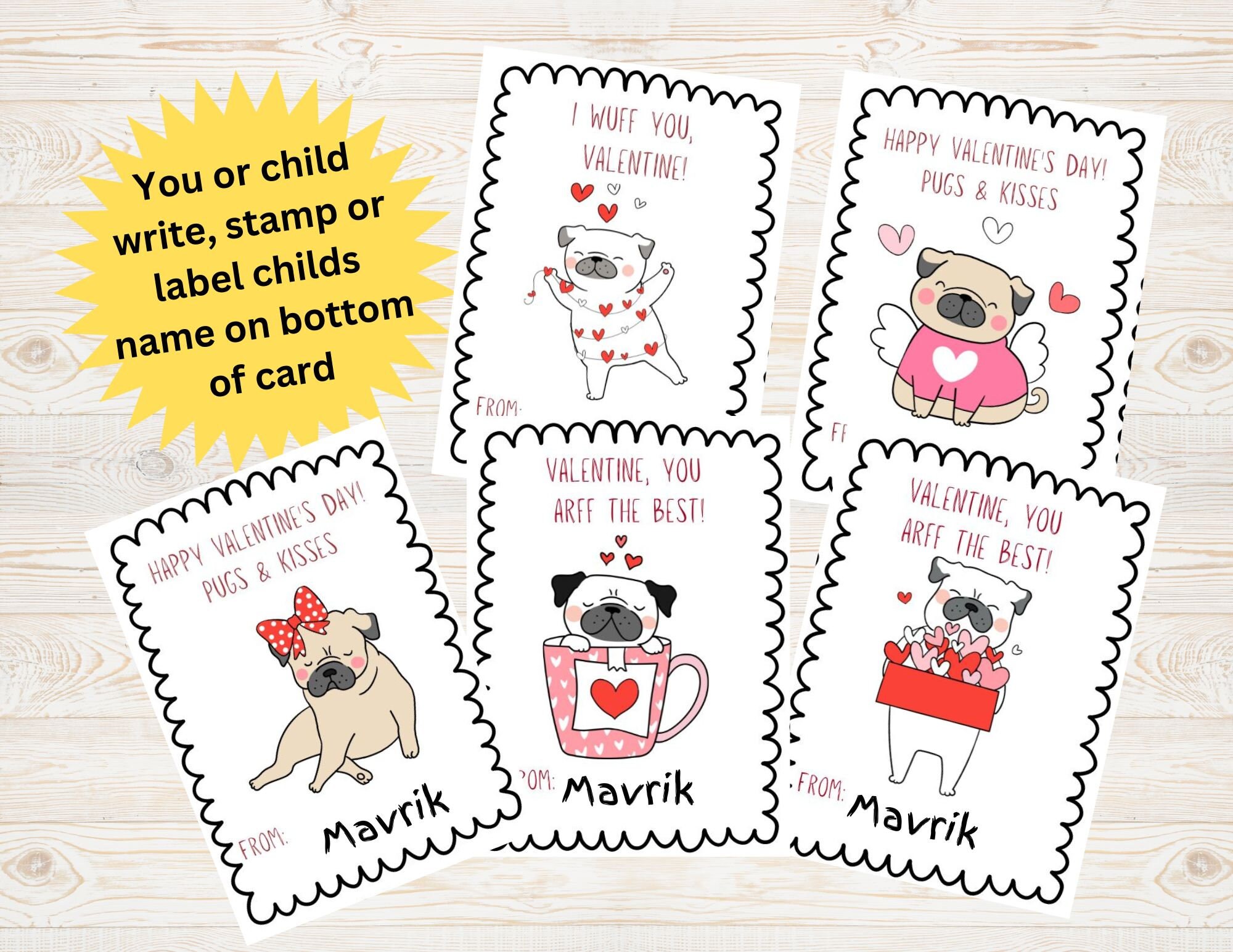 Adorable Pug Dog Valentine Cards, Snack Bag Tags, Preschool, Classroom ...