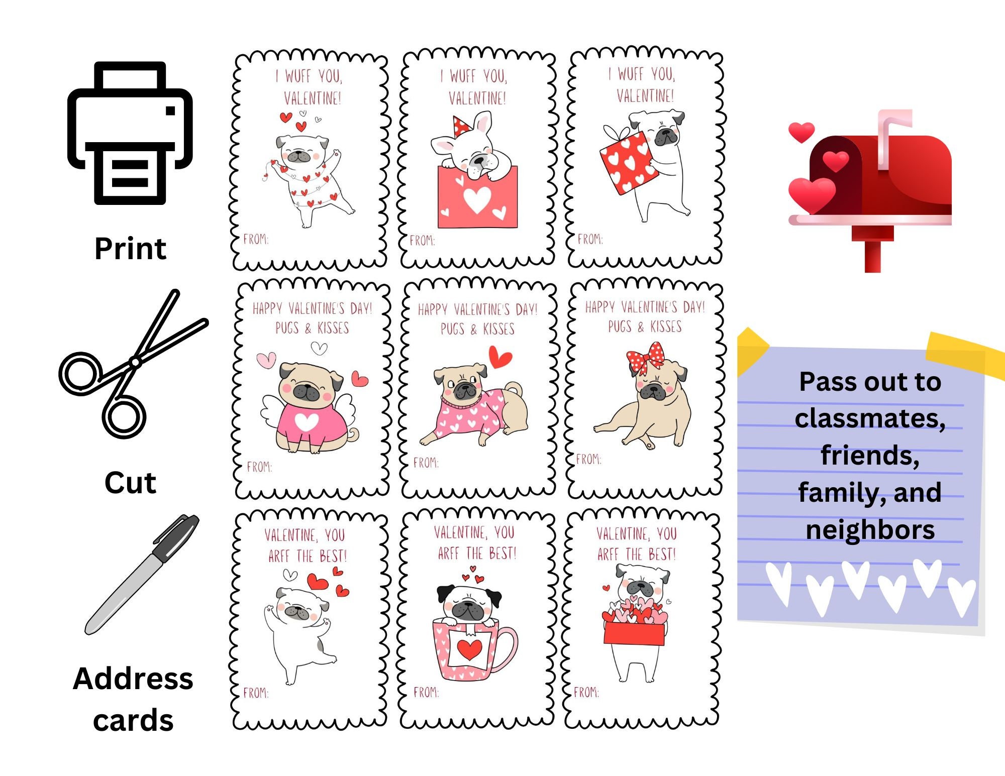 Adorable Pug Dog Valentine Cards, Snack Bag Tags, Preschool, Classroom ...