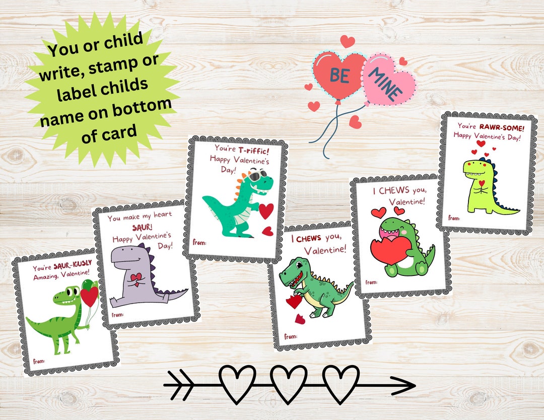 Dinosaur Valentine Printable Cards, Snack or Goodie Bag Tags, PRINTABLE ...