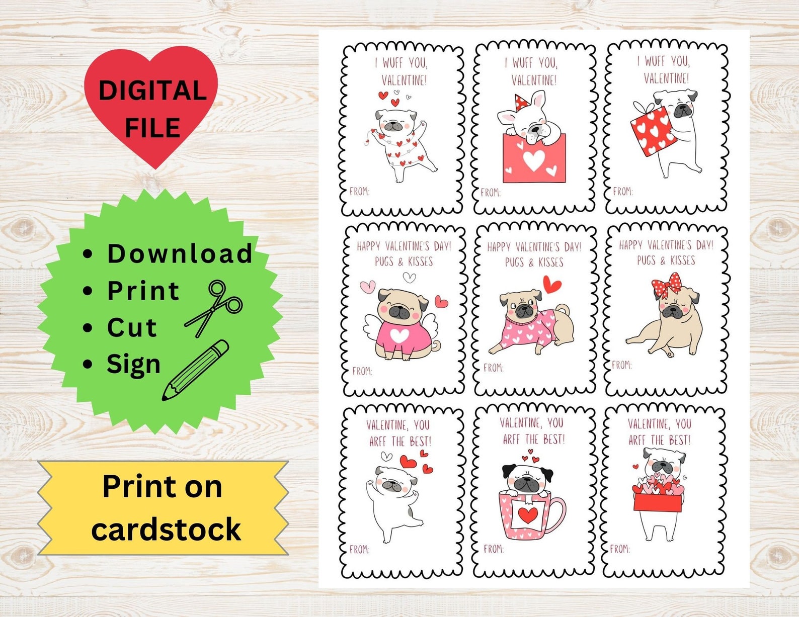 Adorable Pug Dog Valentine Cards, Snack Bag Tags, Preschool, Classroom ...
