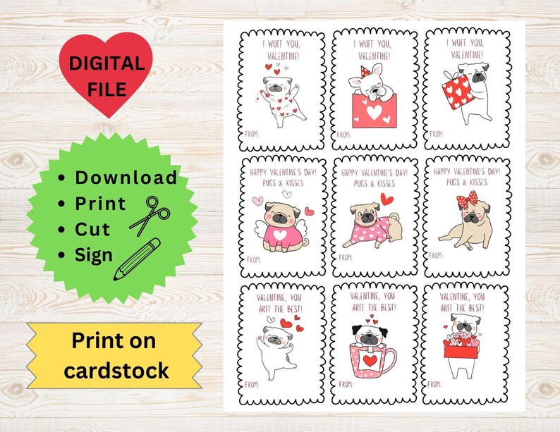 Adorable Pug Dog Valentine Cards, Snack Bag Tags, Preschool, Classroom ...
