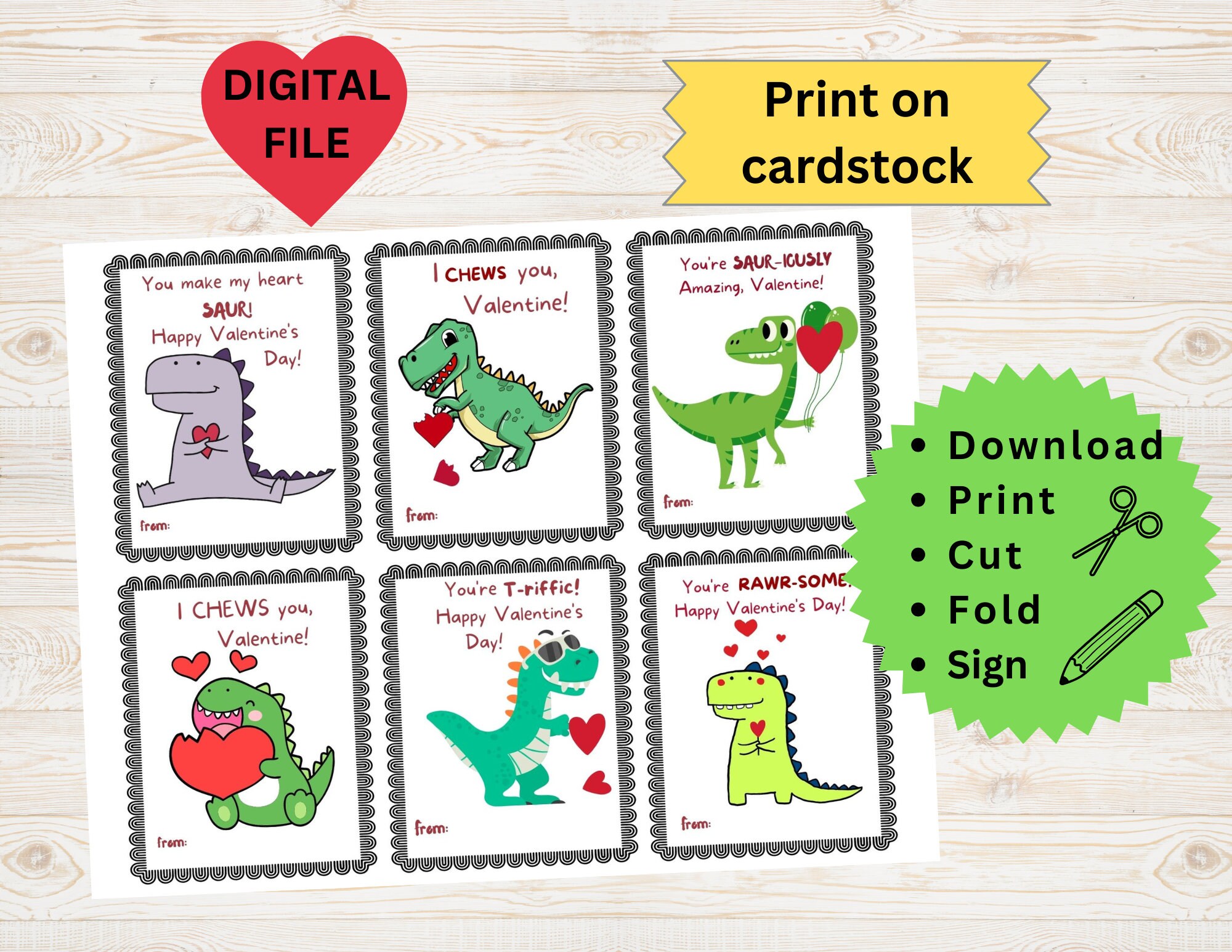 Dinosaur Valentine Printable Cards, Snack or Goodie Bag Tags, PRINTABLE ...
