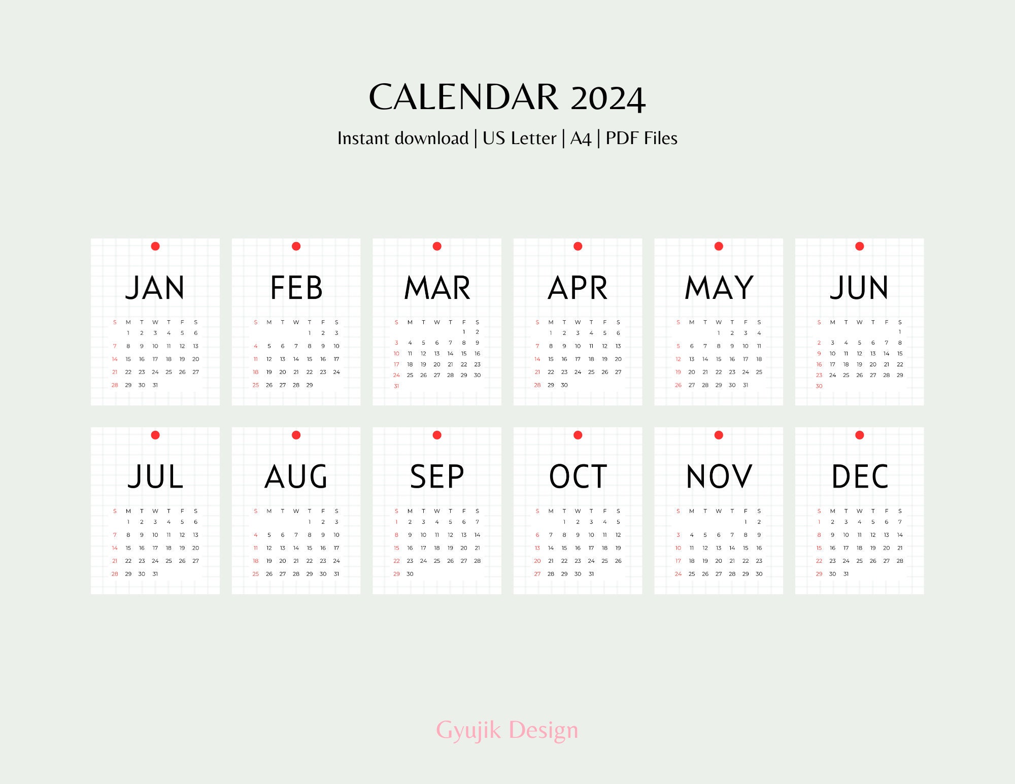 Printable 2024 Monthly Simple Calendar Bundle | Simple Calendar | PDF ...