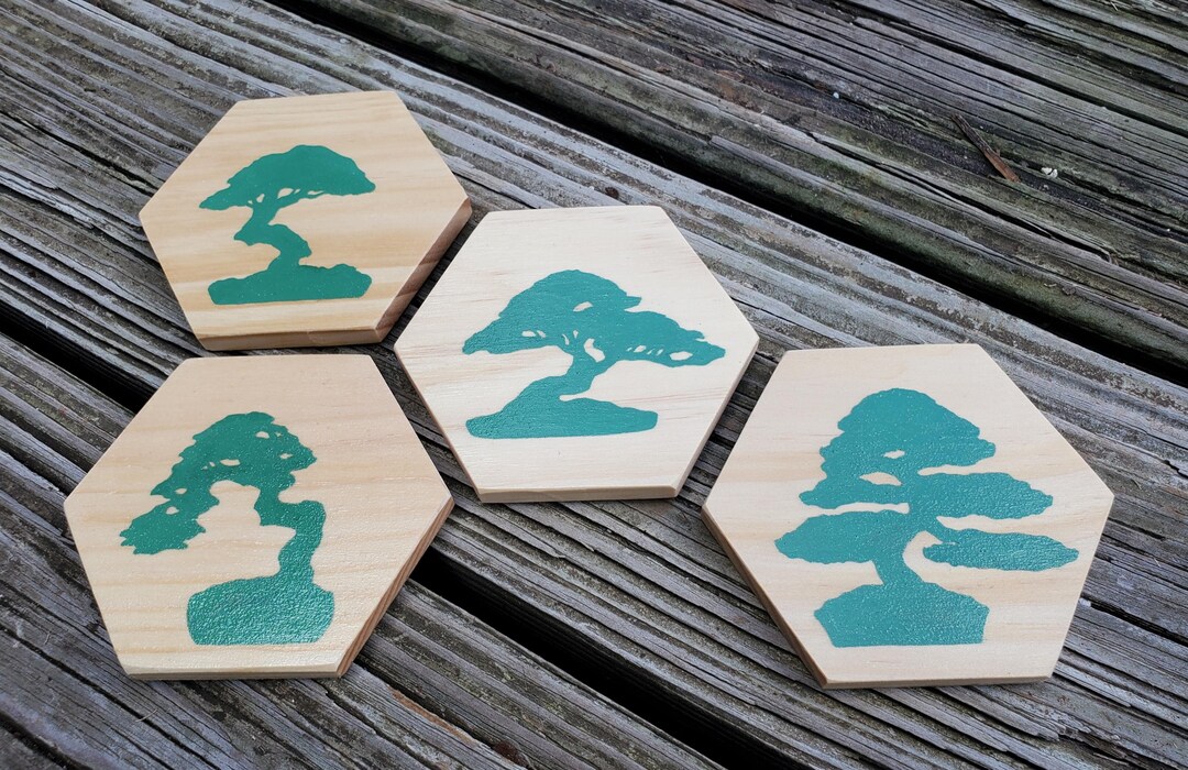 Light Green Bonsai Tree Hand-painted Wooden Coasters Set of 4 - Etsy
