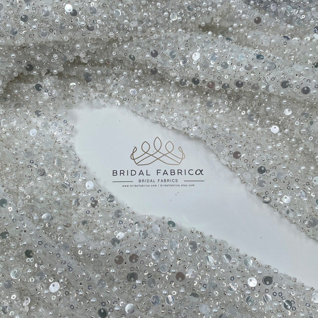 Silver Heavy Bead Fabric by the Yard, Double Sequin Embroidered Lace ...