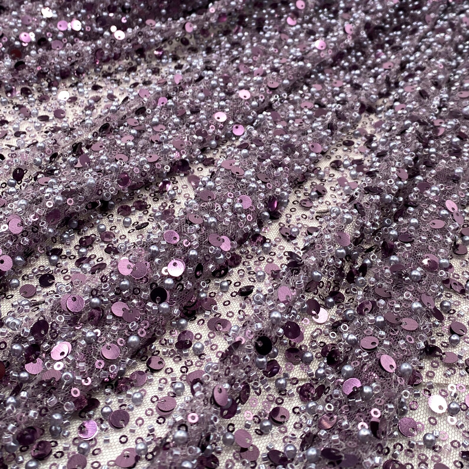 Purple Heavy Bead Fabric, Double Sequined Embroidered Tulle Fabric by ...