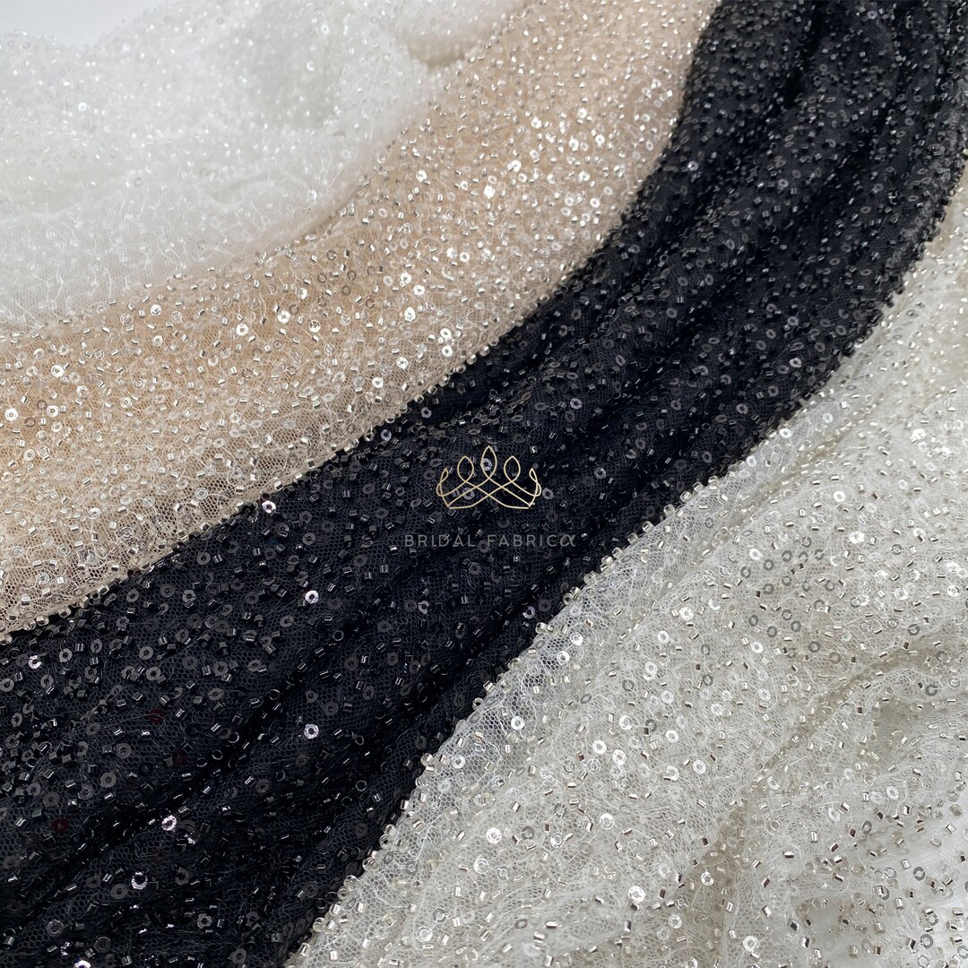 Heavy Bead Lace by the Yard, Silver Beaded Tulle for Wedding Dress ...