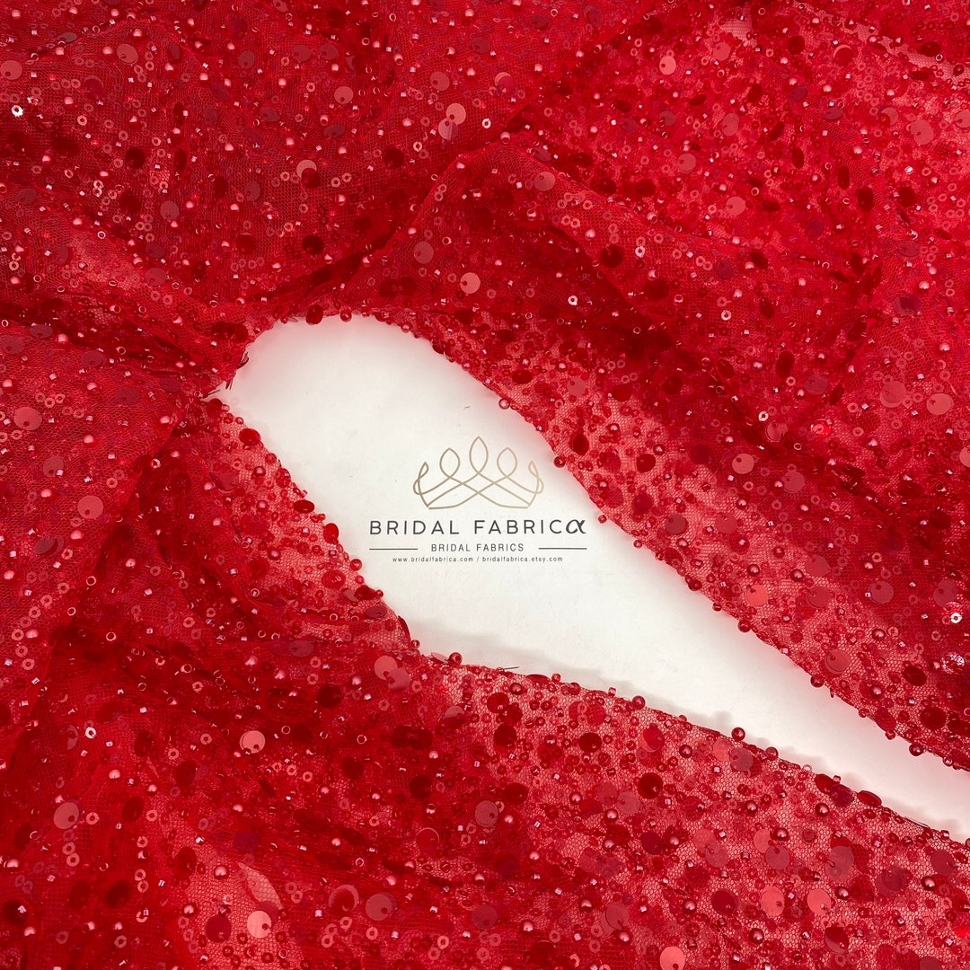 Red Bead Fabric by the Yard, Double Sequin Embroider Lace With Red ...