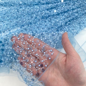 Baby Blue Heavy Bead Fabric by the Yard, Double Sequined Embroidered ...