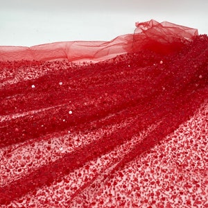 Red Bead Fabric by the Yard, Double Sequin Embroider Lace With Red ...