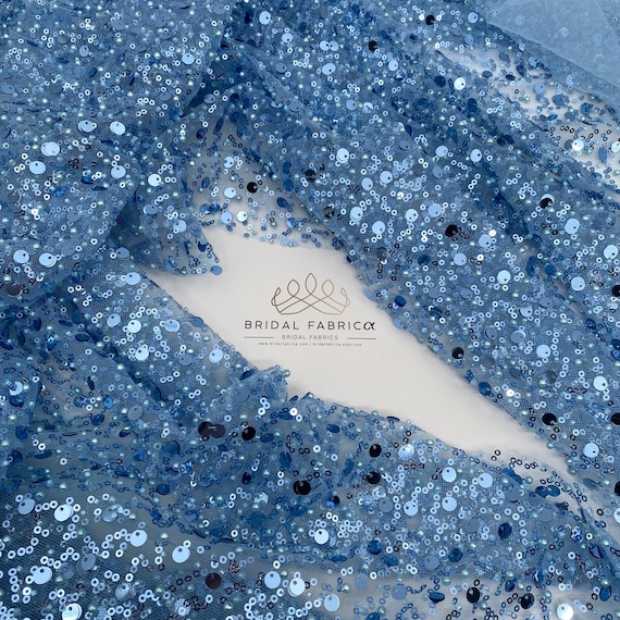 Baby Blue Heavy Bead Fabric by the Yard Double Sequined Embroidered Tulle Lace Fabric With Blue Beads and Sequins on Baby Blue Mesh Etsy UK