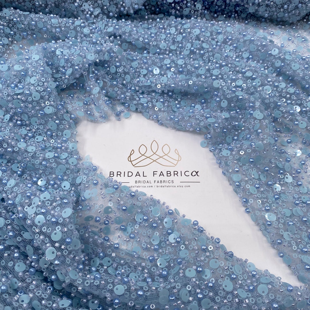 Baby Blue Heavy Bead Fabric by the Yard, Double Sequined Embroidered ...