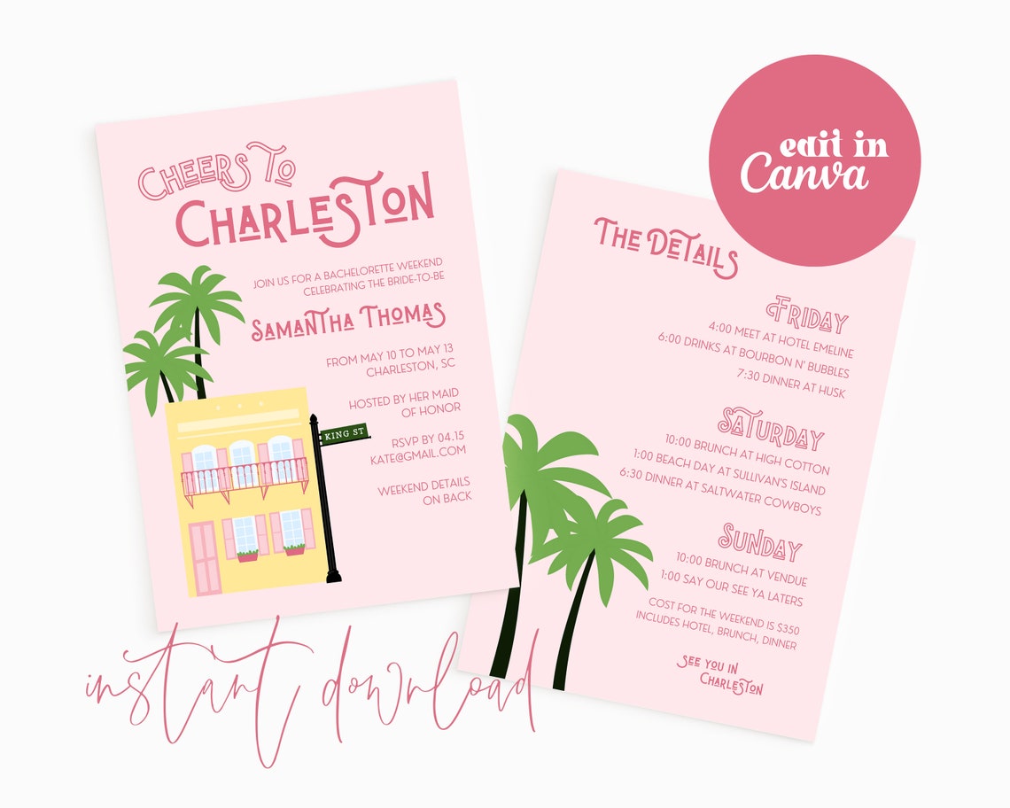 Charleston Bachelorette Invitation Editable Charleston Bach - Etsy