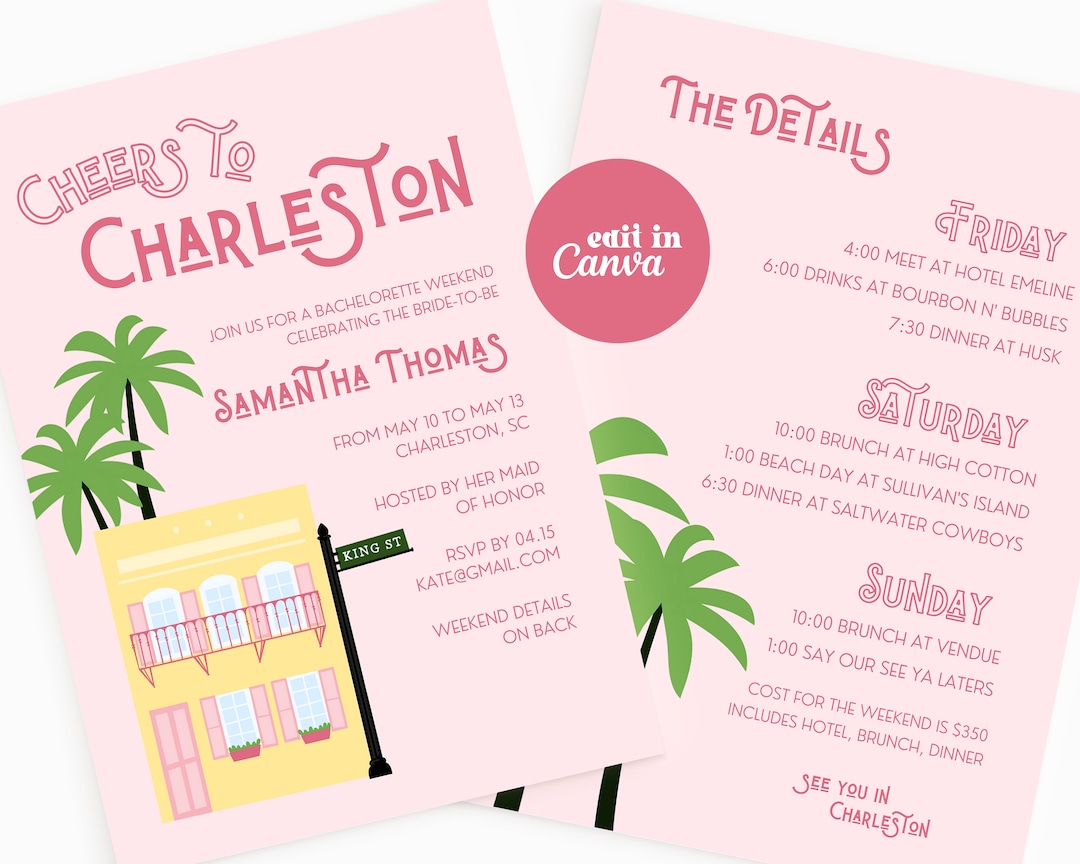 Charleston Bachelorette Invitation Editable Charleston Bach - Etsy