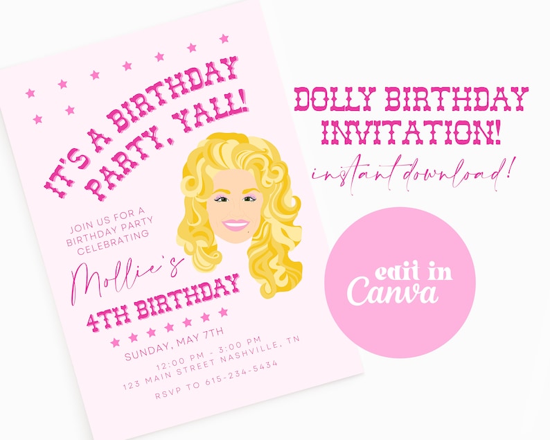 Dolly Parton Birthday Invitation, Nashville Dolly Birthday Invite ...