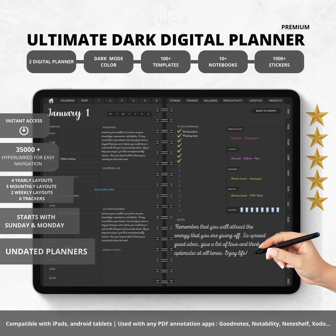 Ultimate Dark Mode Undated Digital Planner | Daily, Weekly, Monthly ...