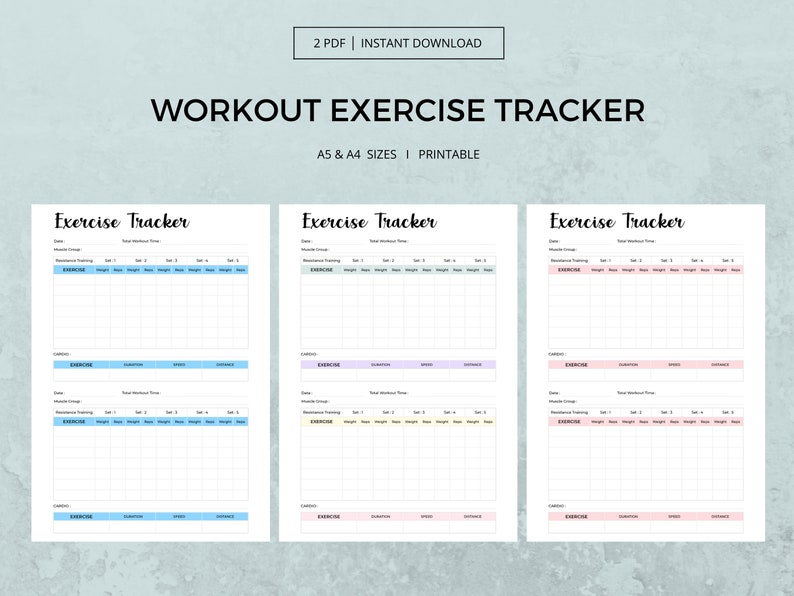 Exercise Tracker PRINTABLE DIGITAL Sports Gym Fitness Training Cardio ...