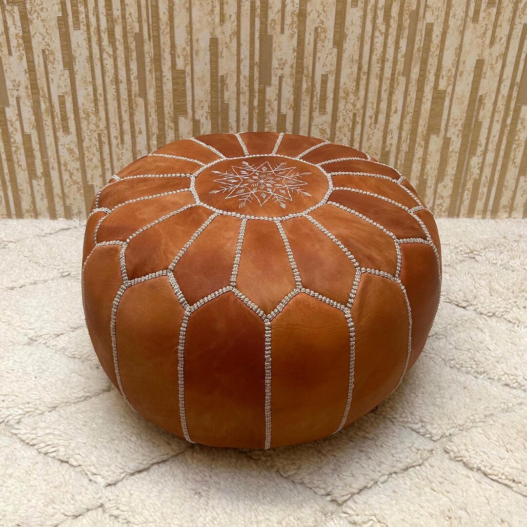 Handstitched Moroccan Leather Pouf: Boho Ottoman Floor Cushion ...